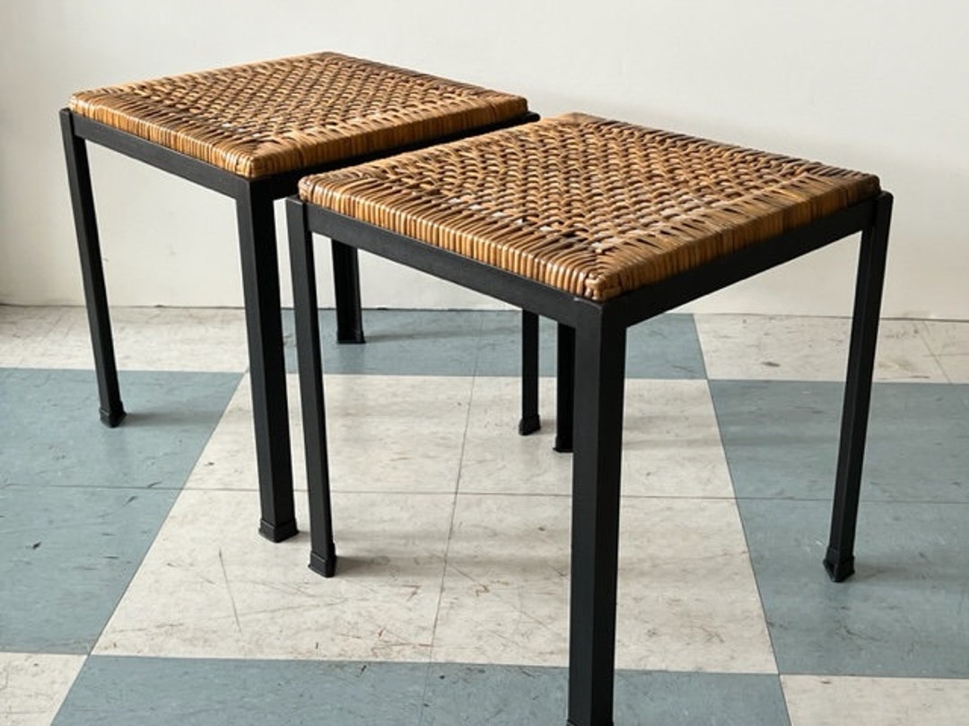 Pair of Danny Ho Fong Woven Rattan Iron Stools or Side Tables for Tropi ...