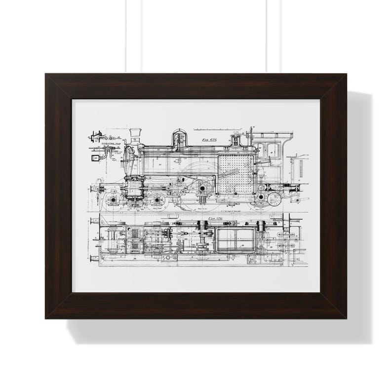 Vintage Train Blueprint Wall Art, Framed Horizontal Poster, Steam ...