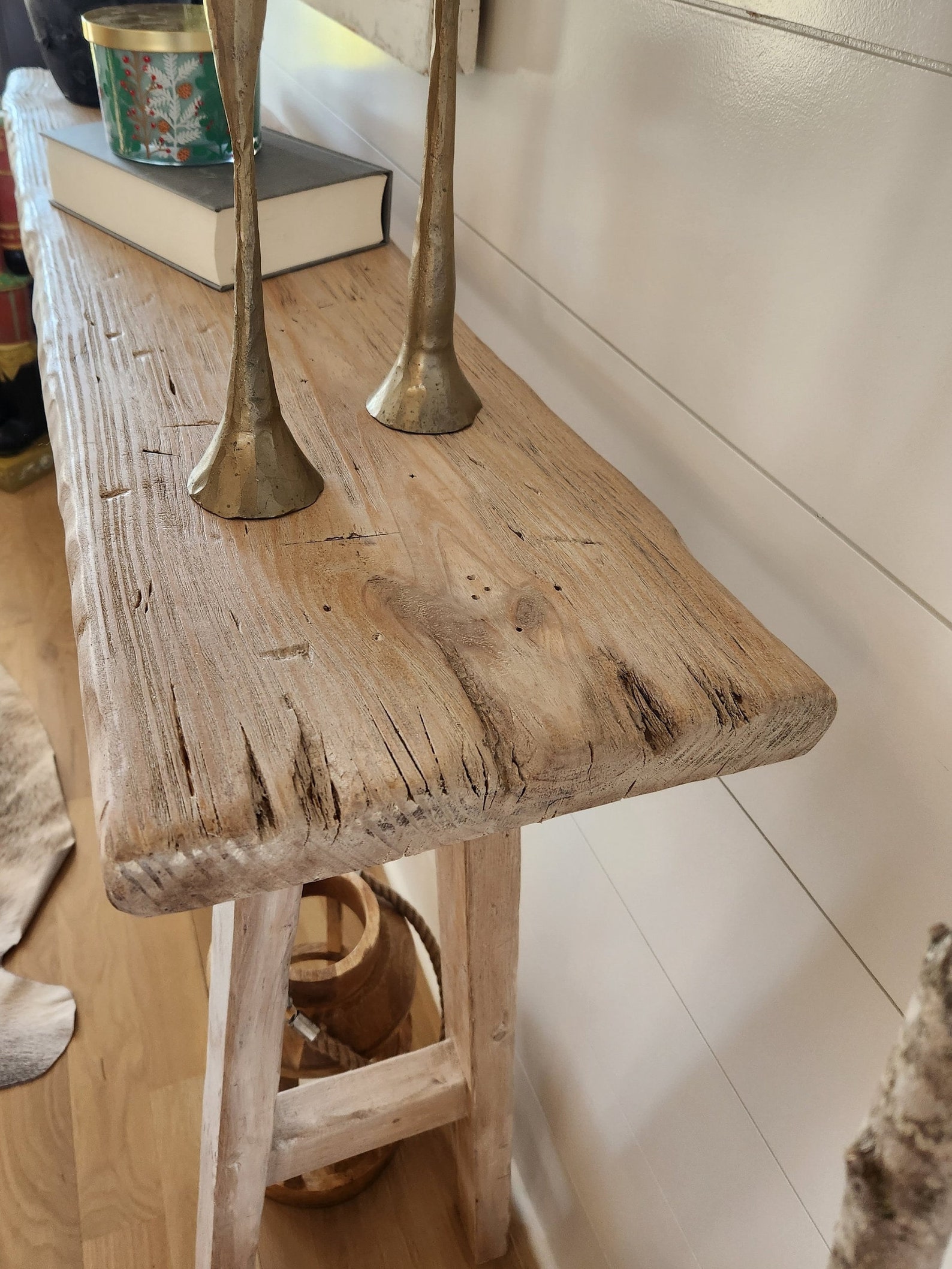 Wood Noodle Console Entry Table 4ft X 10"x 34" Weathered Blonde ...