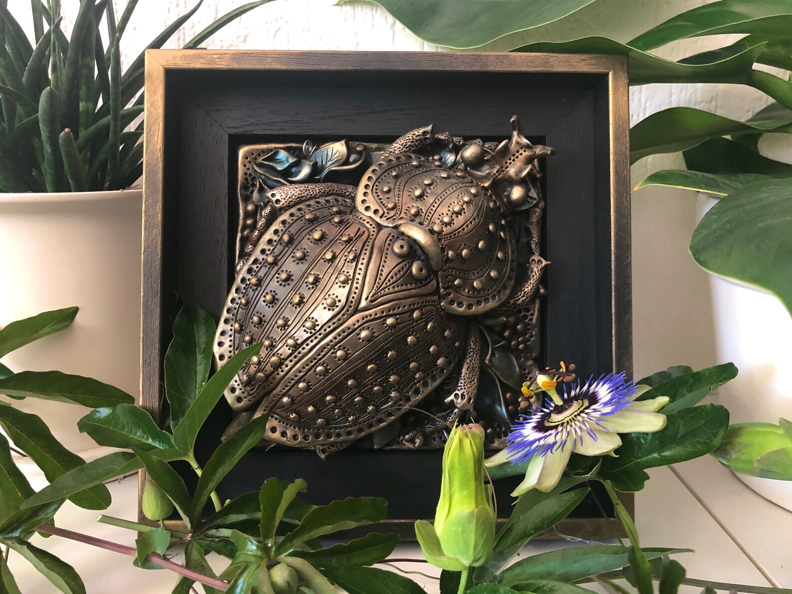 Beetle Relief With a Wooden Frame, Home Decoration, Bronze Beetle Made ...