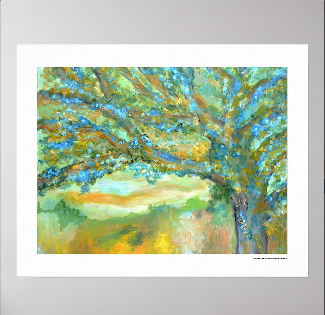 Original Teal Tree Painting Art Print Signed, Blue Green Wall Home ...