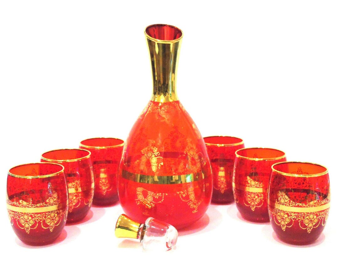 Ferro Lazzarini Murano Glass Decanter Set 8pc Ruby Red Gold 6 Cups ...