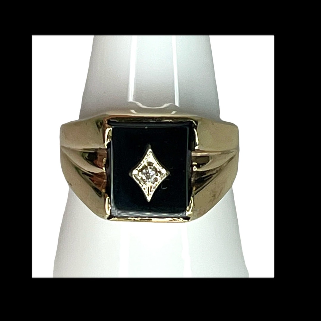 Vintage Retro Art Deco Men's Antique Romany Black ONYX & DIAMOND RING 10k Gold Men's Size 10.25 ...