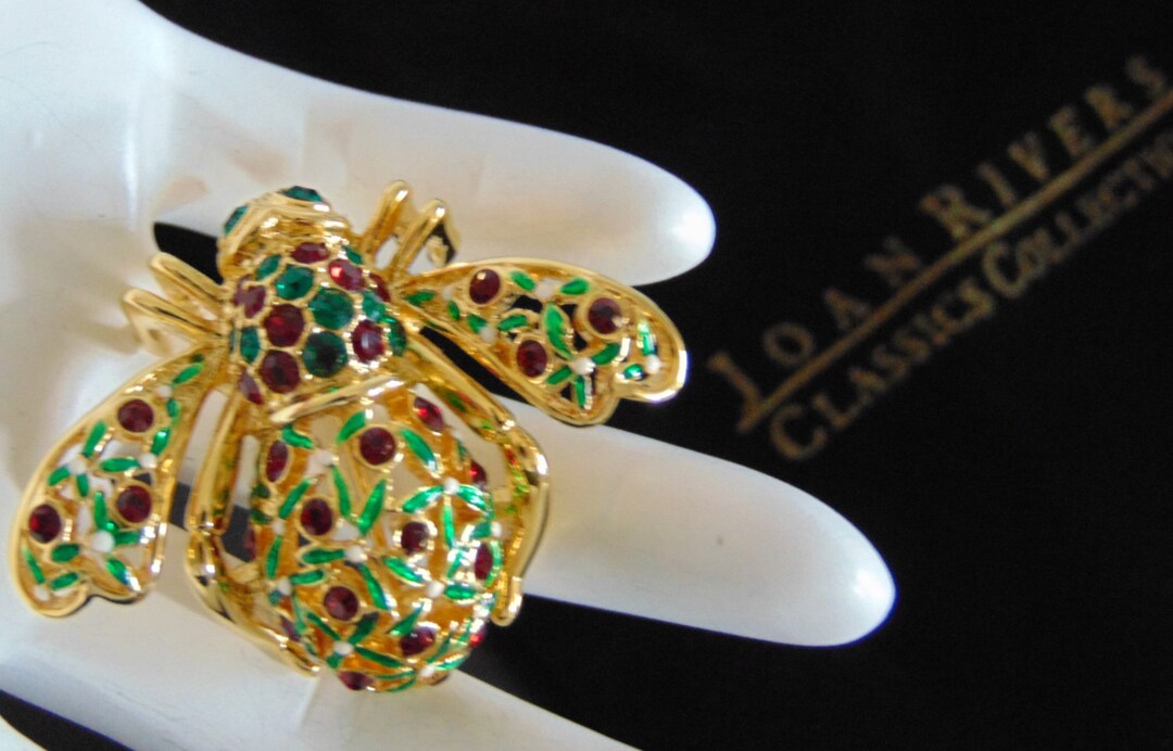 Joan Rivers BEE PIN Holly Jolly Berry Leaf Open Metalwork Brooch Pave ...