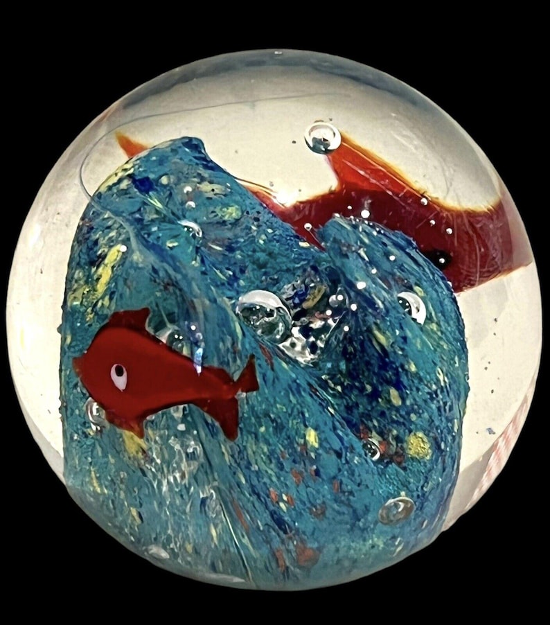 Art Glass Paperweight Hand Blown Ocean Coral Reef Red Coi Fish Waves 2. ...