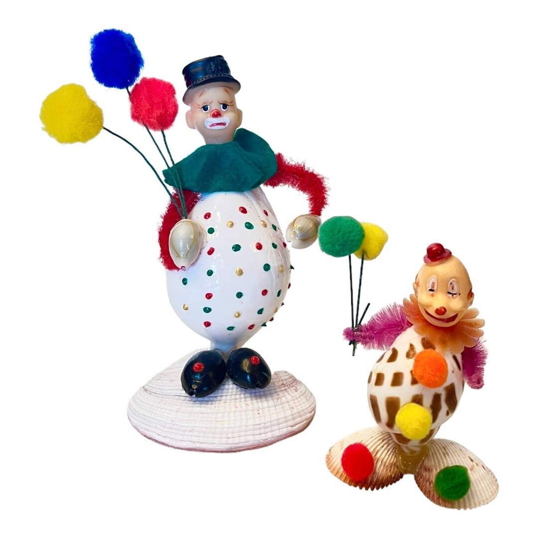 Vintage Set 2 SEASHELL CLOWNS Balloons Pipe Cleaners Shells Circus 6.5 ...