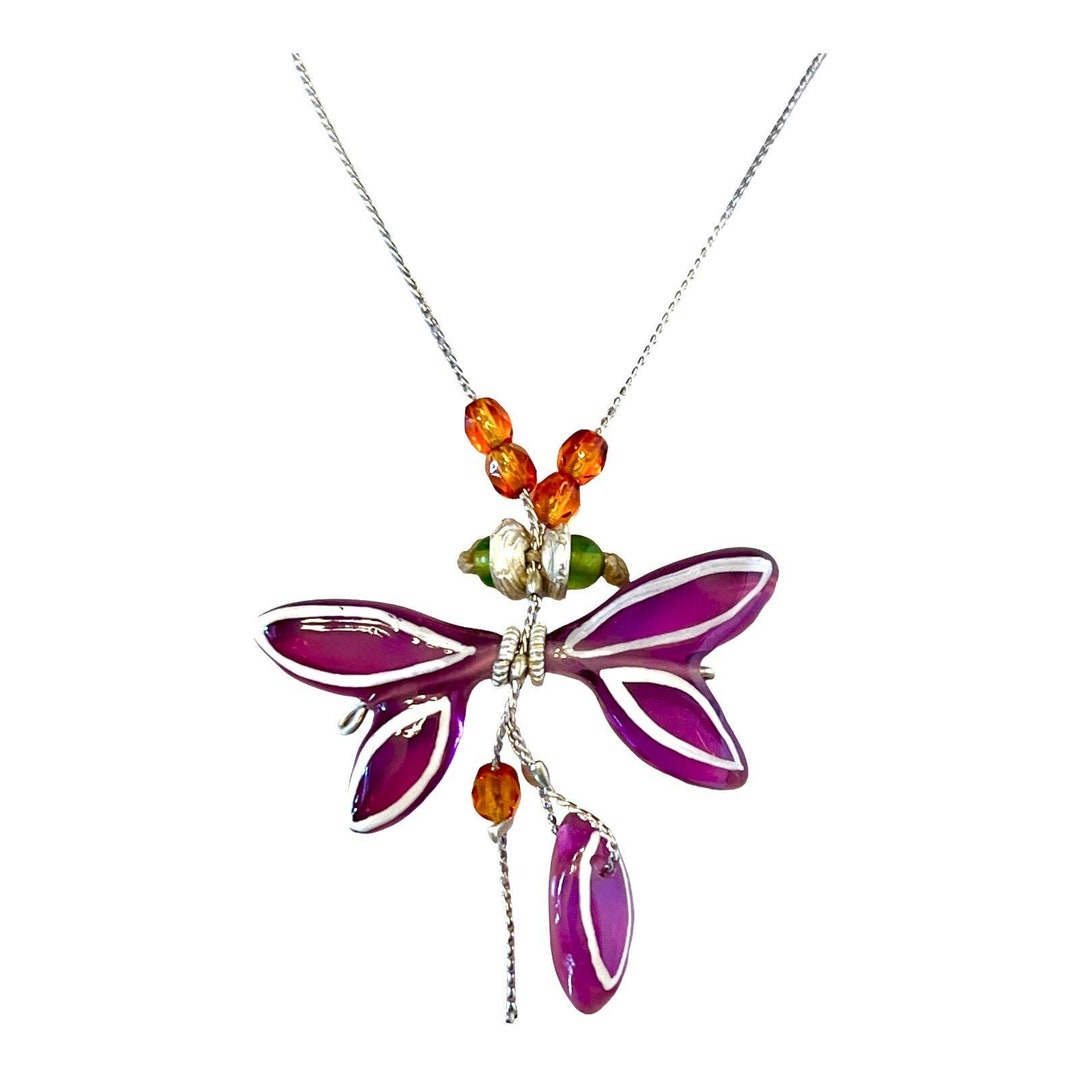 NEW Lalo NECKLACE Purple Resin Dragonfly Butterfly Pendant DBL ...