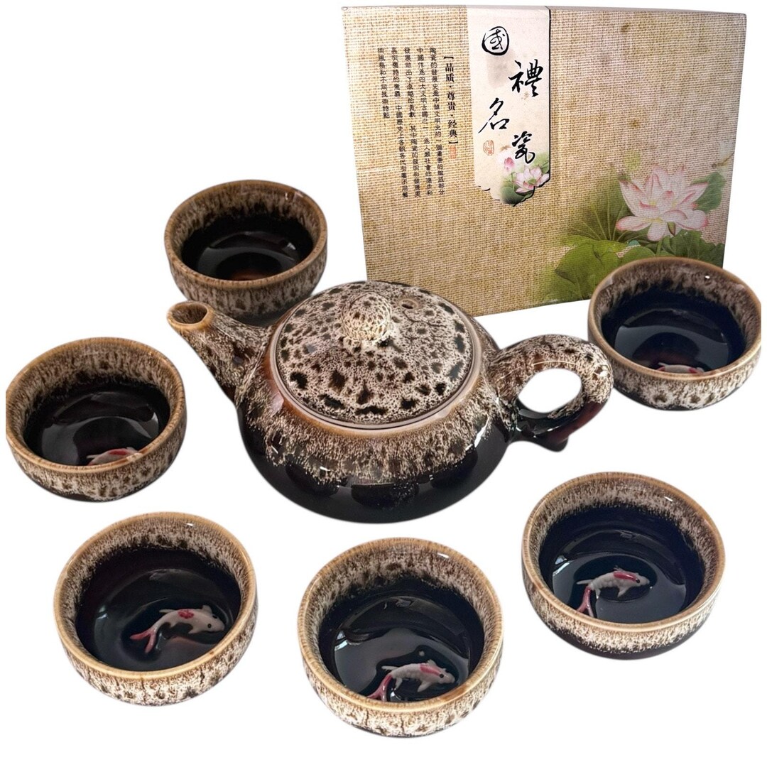 Saki Tea Set Coi Fish Raised Bottom Ceramic Glaze Teapot 6 Cups ...