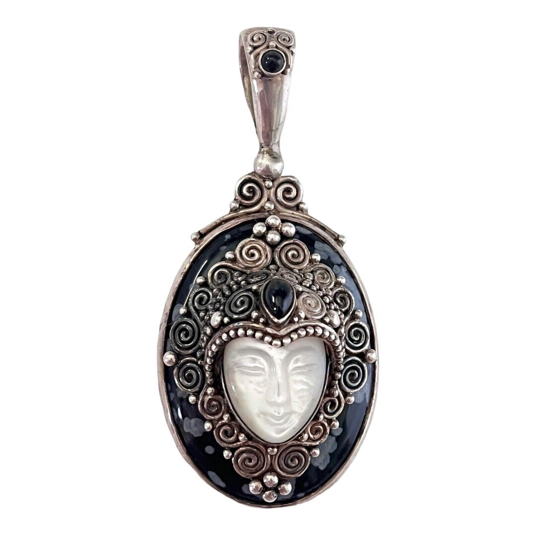 925 Silver Sajen Goddess Face Mother of Pearl PENDANT Black Obsidian ...