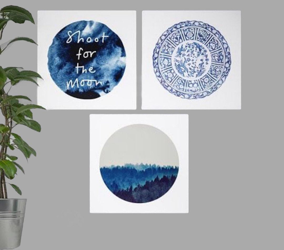 NEW Set (3) IKEA Shoot for the Moon ART Blue Moon White Canvas Decor ...