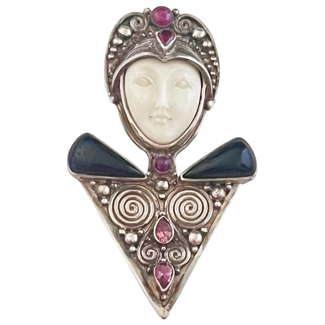 925 Silver Sajen Goddess Face BROOCH PIN PENDANT Onyx Ruby Rhodolite ...