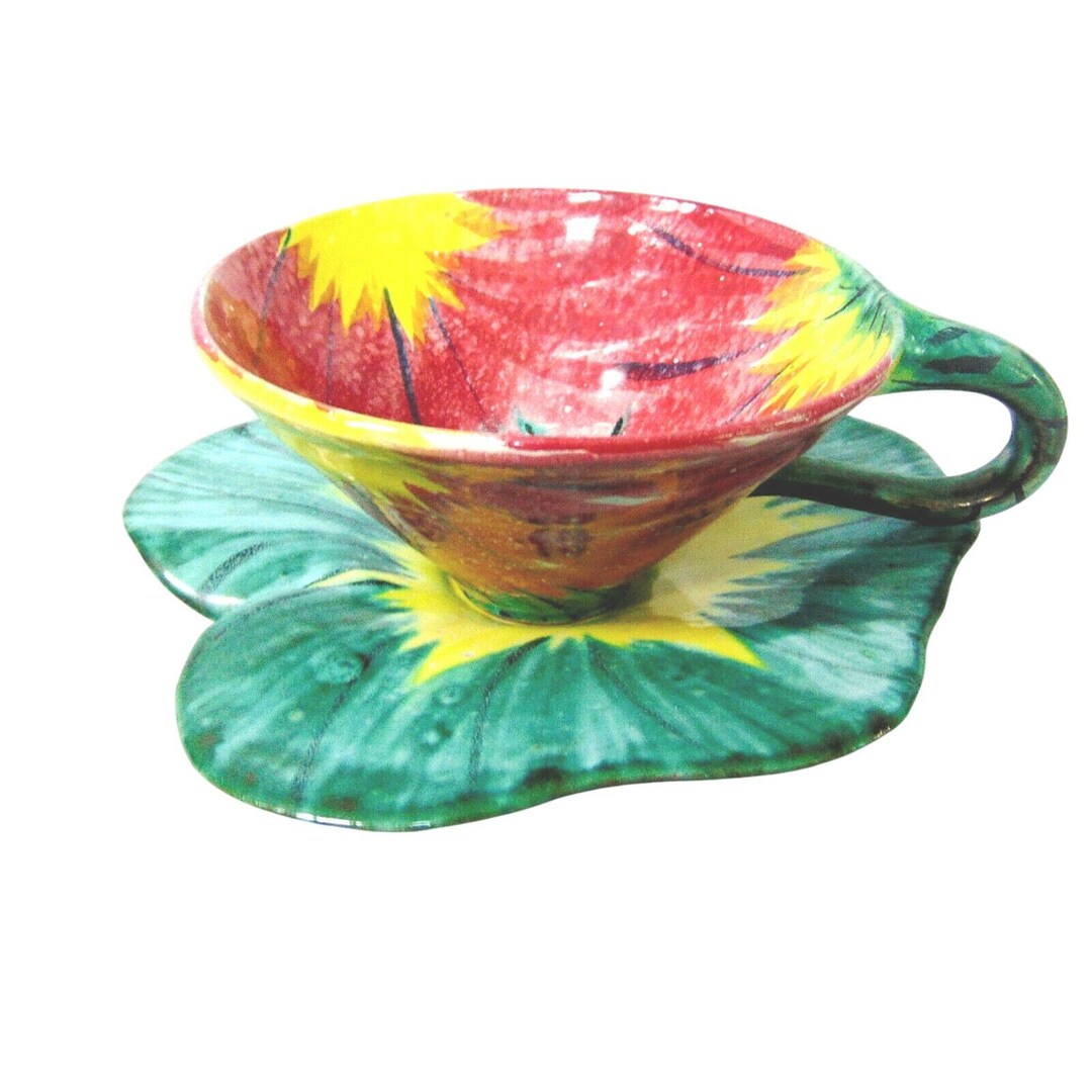 Pottery Lilly Pad Cup & Saucer Set Coffee Tea Large 9" Plate Studio Art ...
