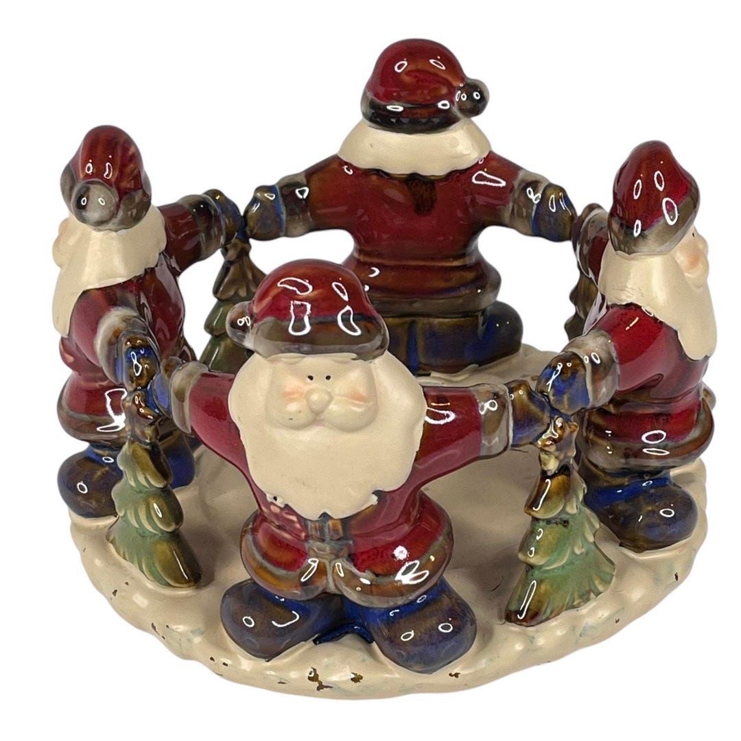 Vintage Santa Circle 3 Wick CANDLE HOLDER 7 LG Christmas Holiday Tii ...