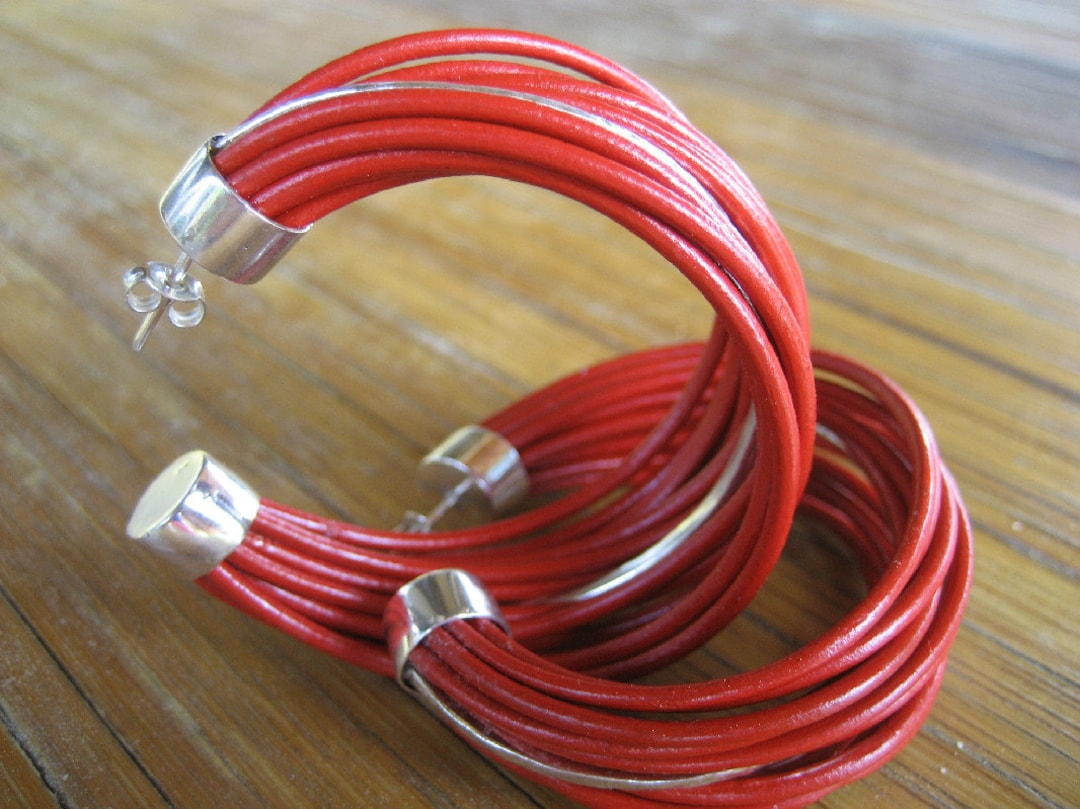 Silver Hoops, Sterling Silver Hoops, Leather Hoops, Red Hoops Red ...