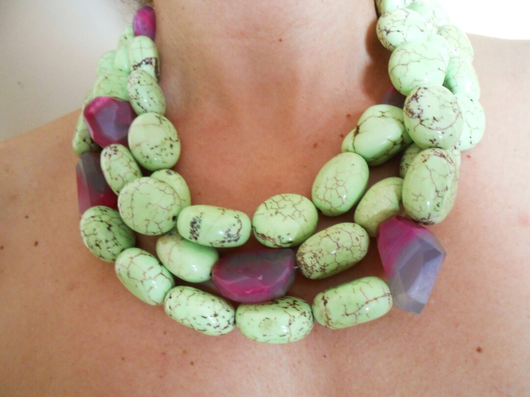 Green Turquoise and Fuchsia Agate Necklace , Faceted Gemstones ...