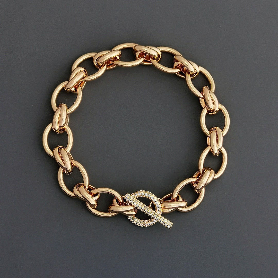 14K Gold Tone Chunky Chain Bracelet: Pave Toggle Clasp, 14mm Link - Etsy