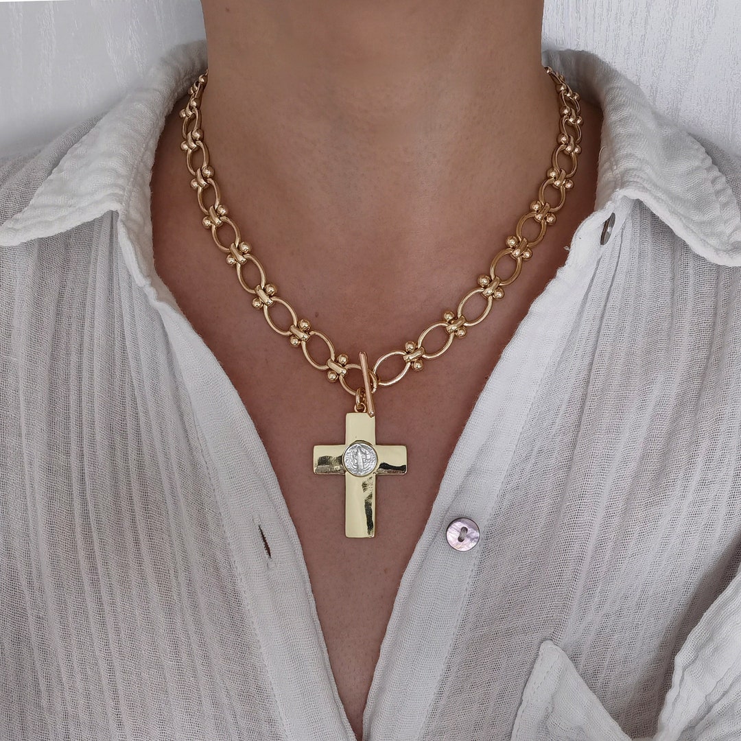 Chunky Gold Cross Charm Necklace, Large Gold Cross Pendant, Toggle ...