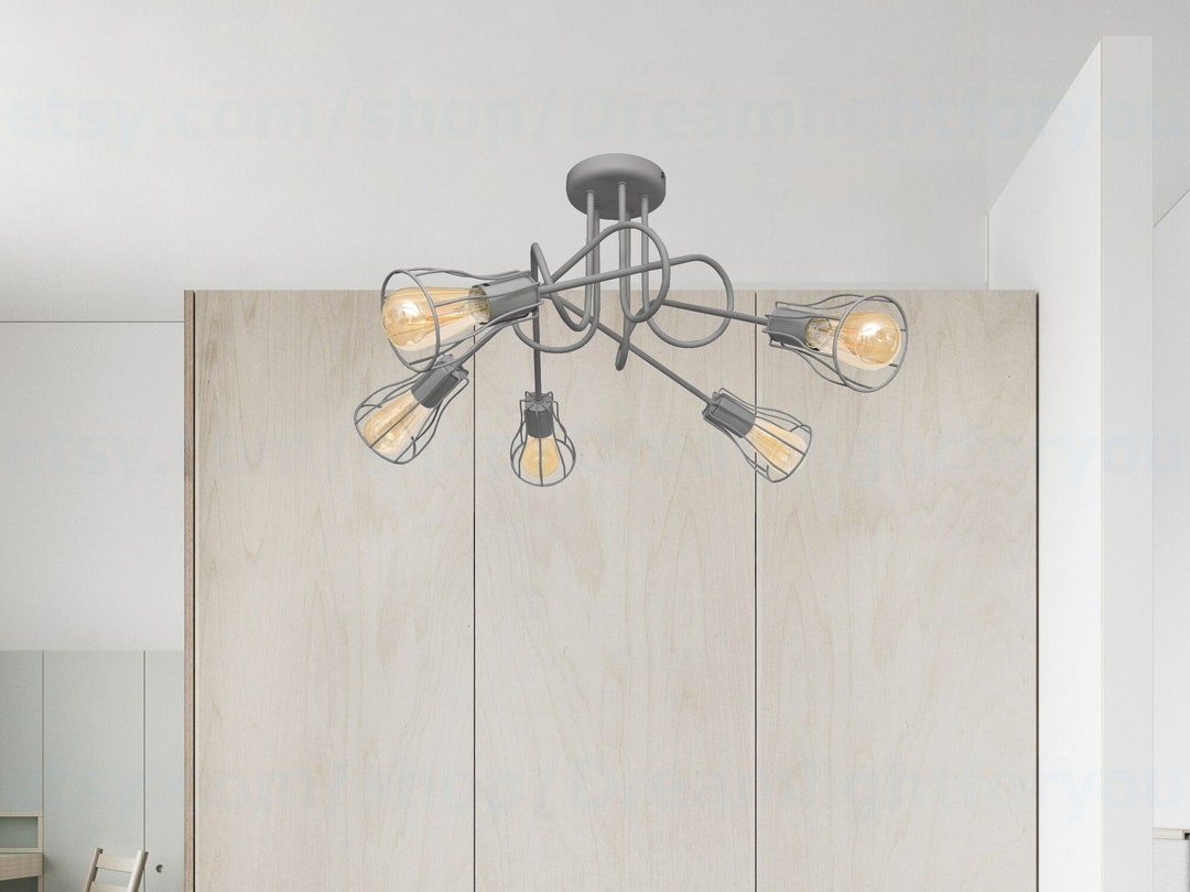 5 Gray Cage Semi Flush Mount Ceiling Light Fixture Lighting Multi-cage ...