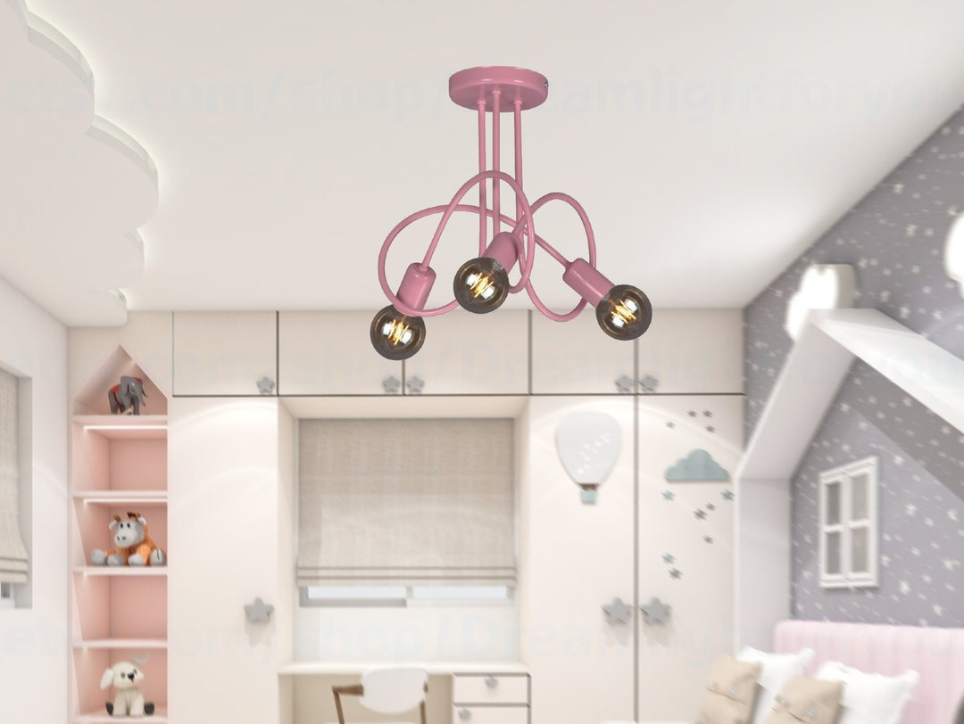 Three Arms Pink Chandelier Pink Ceiling Light Fixture Semi Flush Mount ...