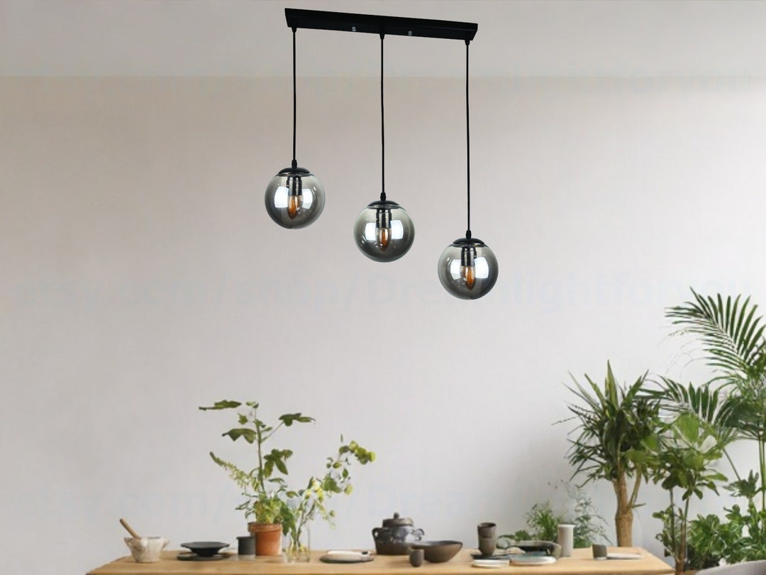 3 Smoked Globes Linear Pendant Light Kitchen Island Linear Chandelier ...