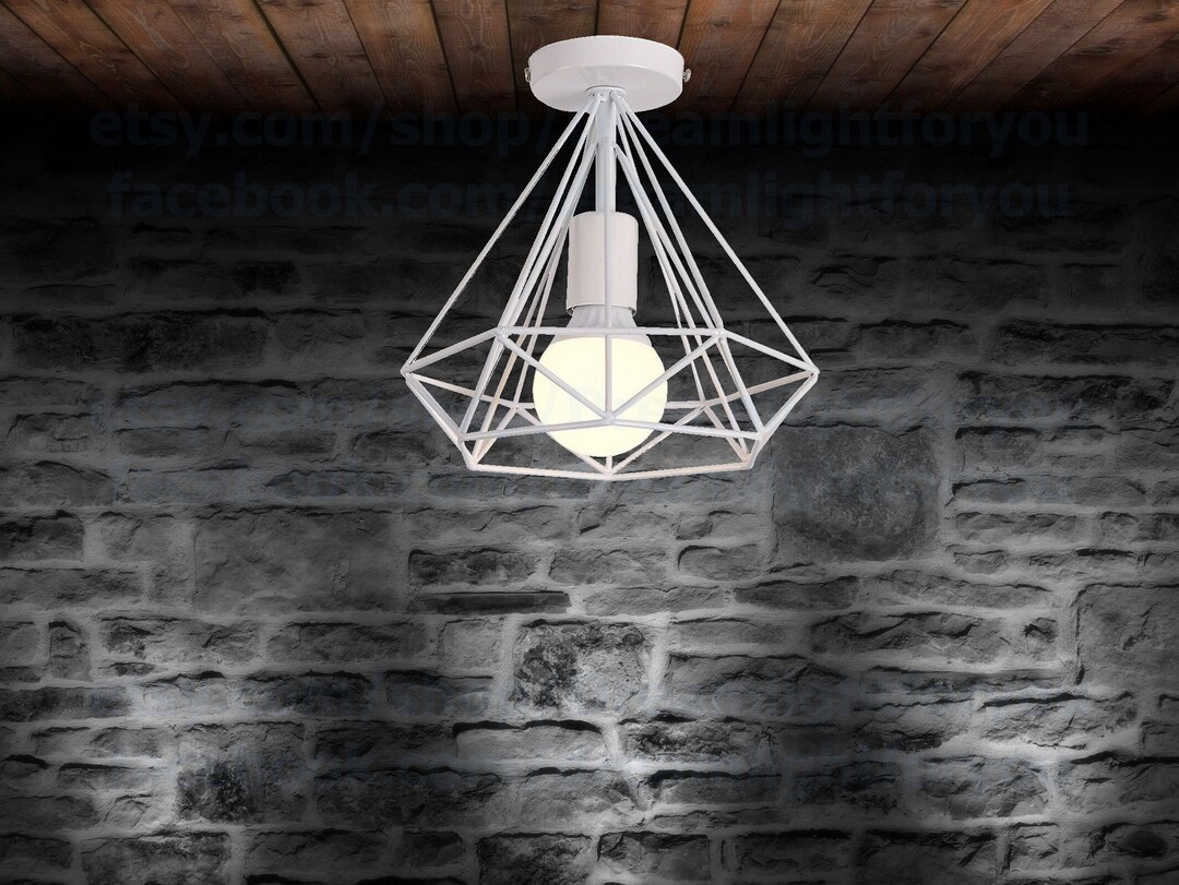 White Wire Cage Flush Mounted Ceiling Light Fixture Kitchen Island ...