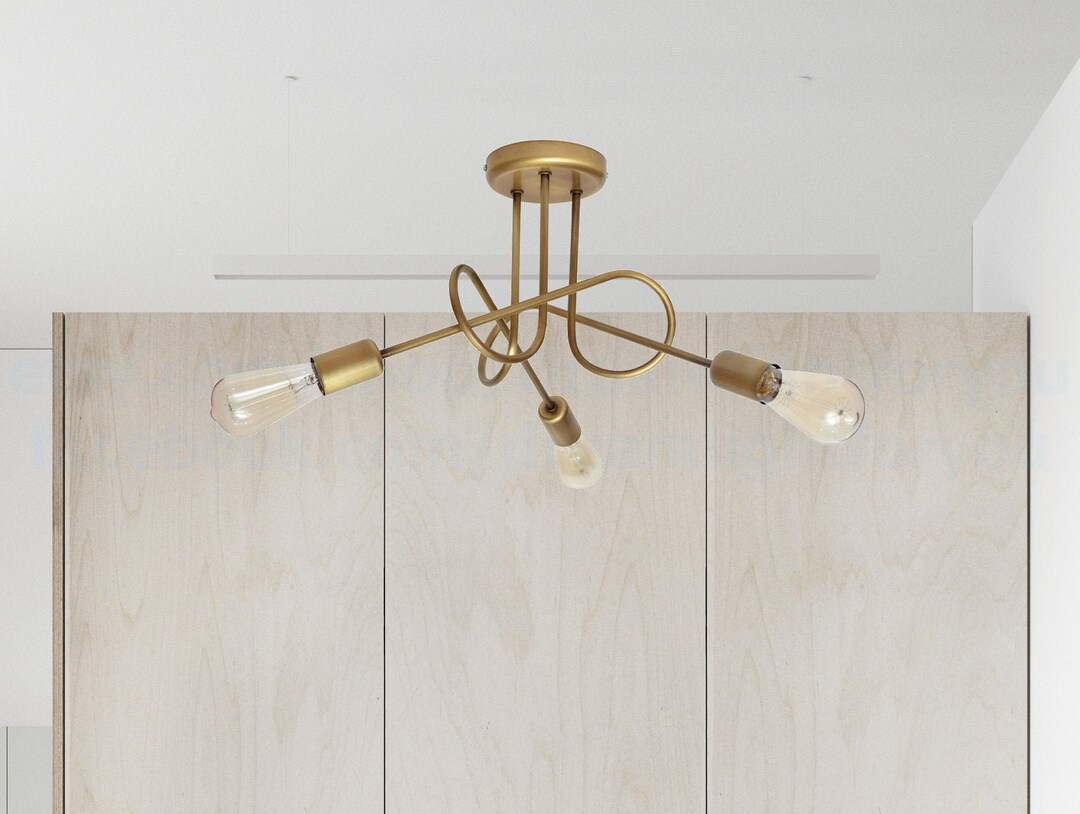Golden Triple Ceiling Light Fixture 3 Light Chandelier Semi Flush Mount ...
