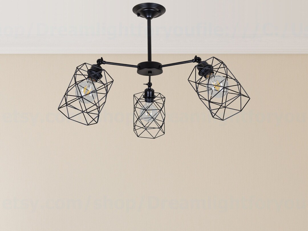 Black Grid Lamp Shade 3 Light Chandelier Metal Wire Cage Chandelier ...