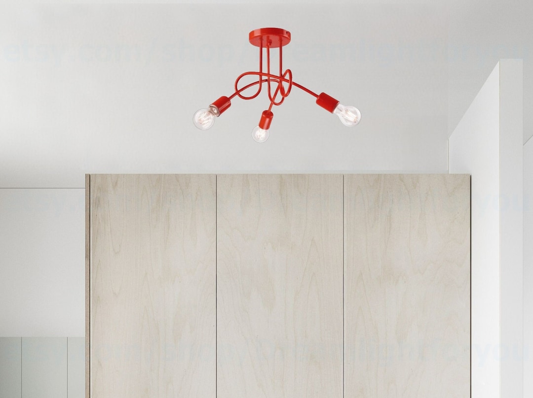 Red Semi Flush Mount Ceiling Light Red Chandelier Three Head Semi Flush ...
