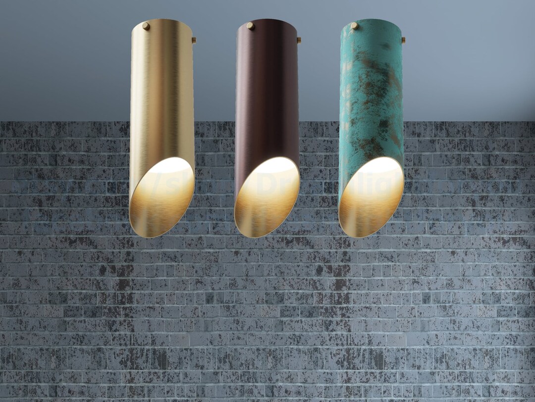 Flush Mount Sloped Pipe Ceiling Light Fixture Brass Patina Cylindrical ...