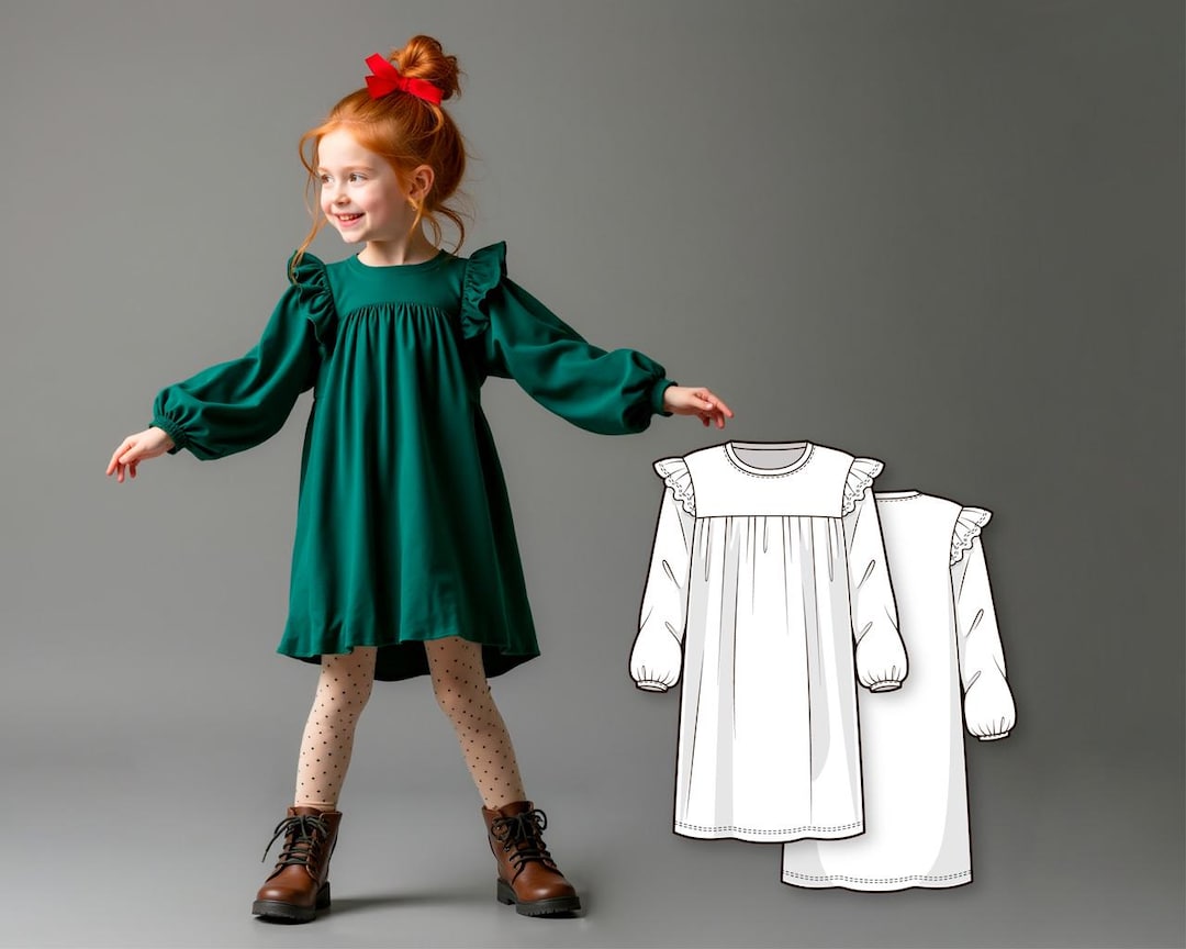 Girls A-line Dress Sewing Pattern, DIY Long Puffed Sleeve Dress, Tiered ...