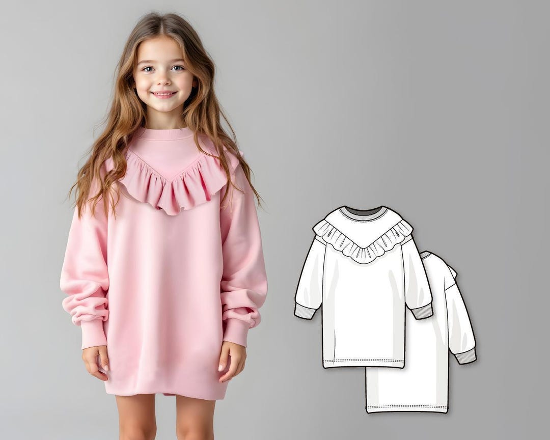 Girls Ruffled Sweatshirt Dress Sewing Pattern, DIY Mini Pullover ...