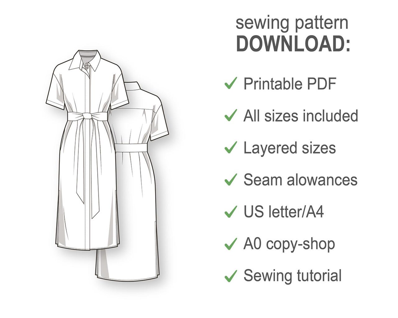 Shirt Dress Pattern - PDF Sewing Patterns - Long Sleeve Dress Pattern ...