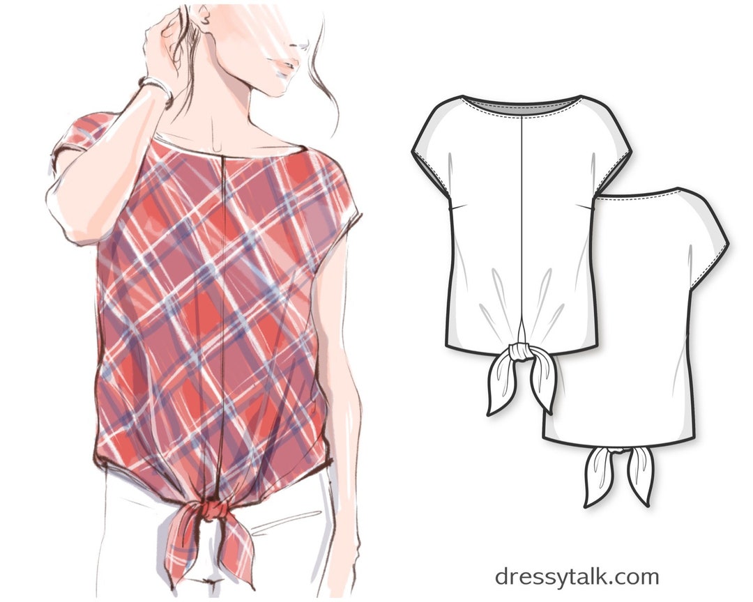 Short Sleeve Woven Blouse With Front Tie - PDF Sewing Pattern for Women ...