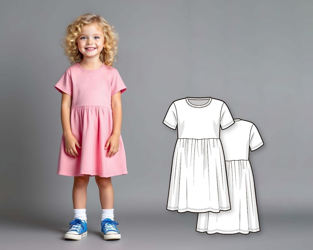 Girls T-shirt Dress Sewing Pattern, Short Sleeve Gathered Waist Knee ...