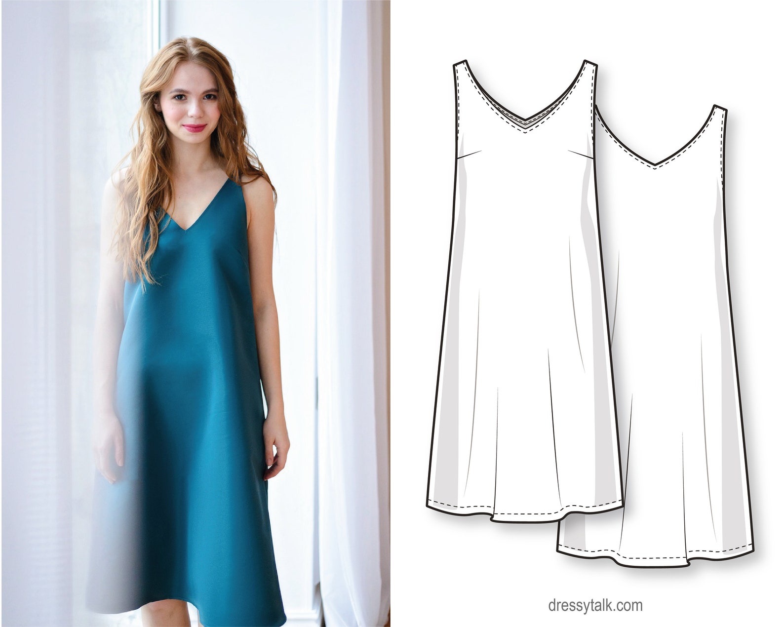 Simple Silk Slip A-line Midi Dress for Beginners PDF Sewing Pattern for ...