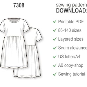 Girls T-shirt Dress Sewing Pattern, Short Sleeve Gathered Waist Knee ...
