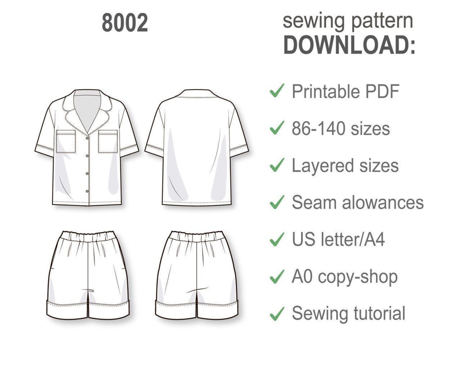 PDF Pattern Sew Pajama for Kids, Baby and Toddler Pajama Sewing ...