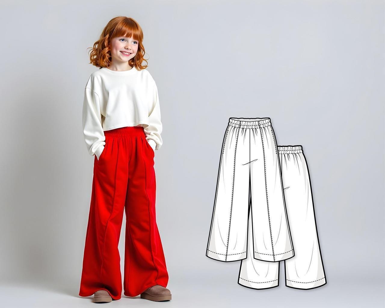 Wide-leg Pants Sewing Pattern for Kids PDF, DIY Elastic Waist Trousers ...