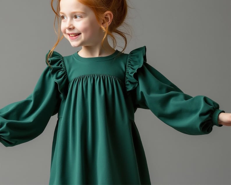 Girls A-line Dress Sewing Pattern, DIY Long Puffed Sleeve Dress, Tiered ...