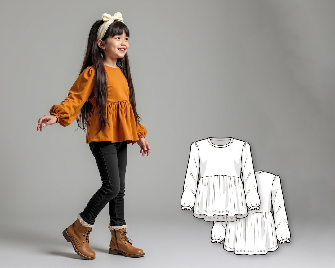 Girls Long Sleeve Peplum Top Sewing Pattern PDF, Beginner Kids Flare ...