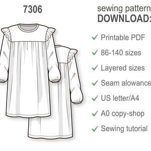 Girls A-line Dress Sewing Pattern, DIY Long Puffed Sleeve Dress, Tiered ...