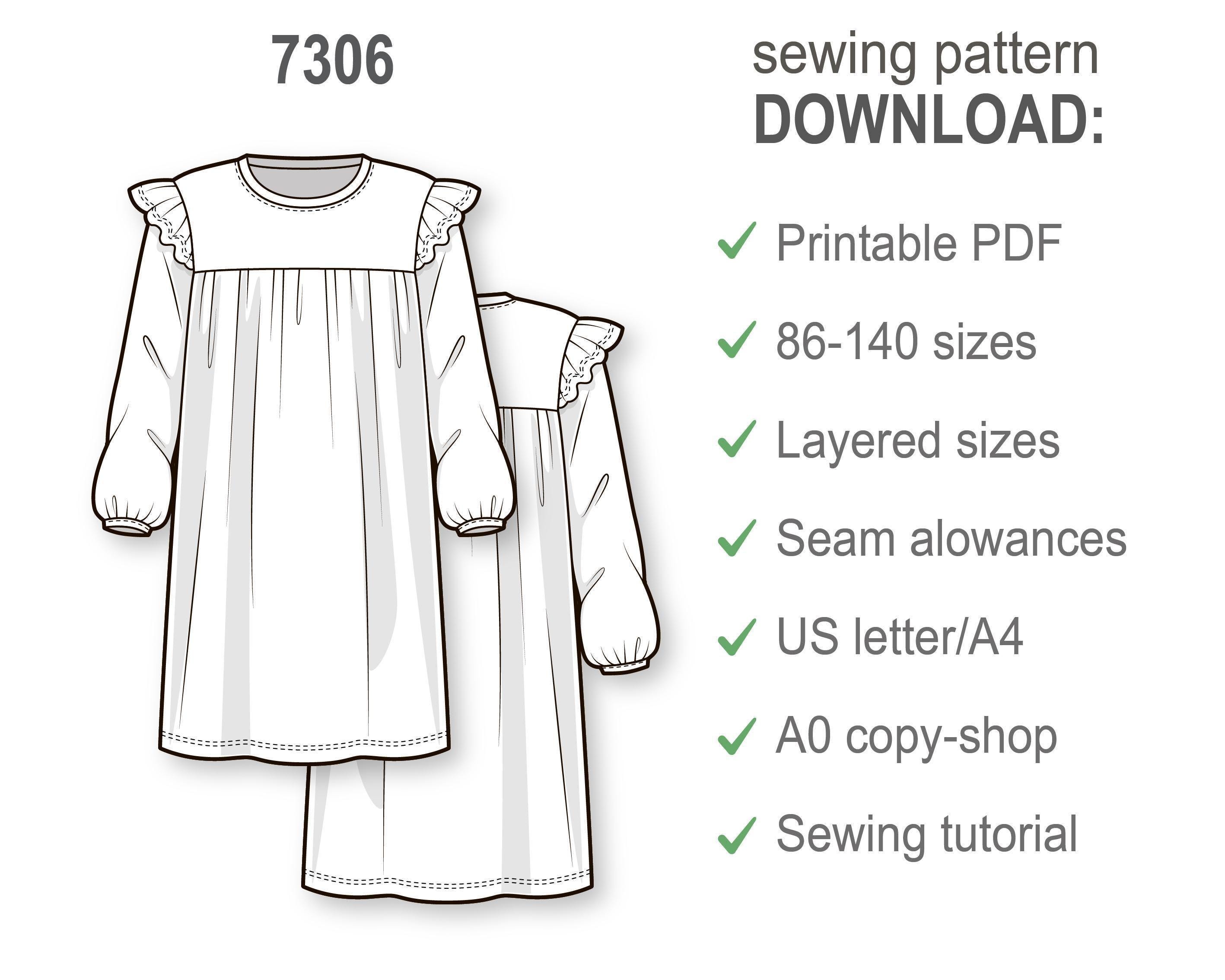 Girls A-line Dress Sewing Pattern, DIY Long Puffed Sleeve Dress, Tiered ...