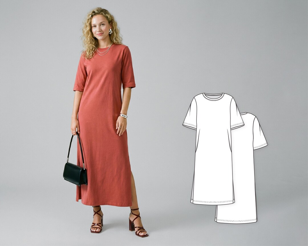 Women’s Knit Maxi Dress Sewing Pattern, Relaxed Fit T-shirt Dress With ...