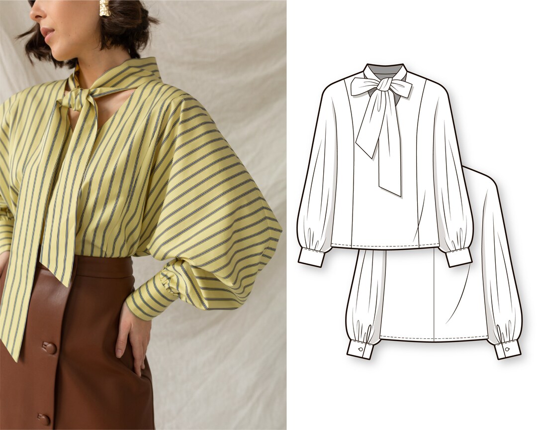 Shirt Oversize Blouse With Puff Sleeves and a Bow Tie Collar - PDF ...