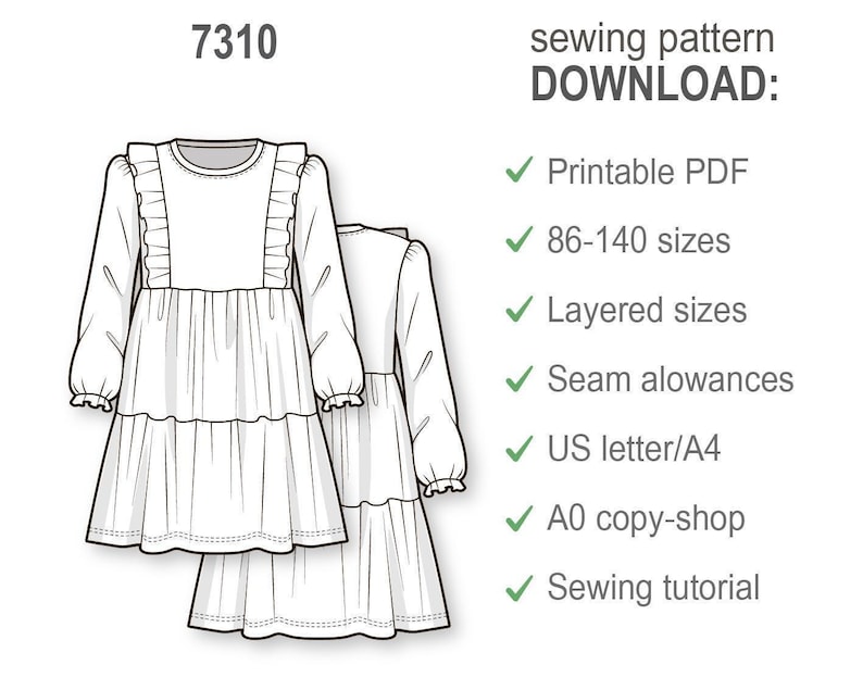 Girls Tiered Ruffle Dress Sewing Pattern PDF, Beginner Kids Dress ...