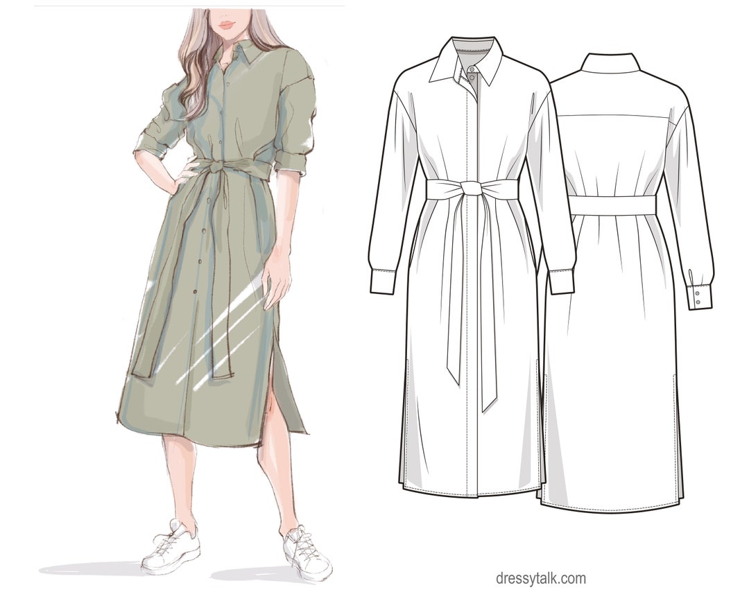 Shirt Dress Pattern - PDF Sewing Patterns - Long Sleeve Dress Pattern ...