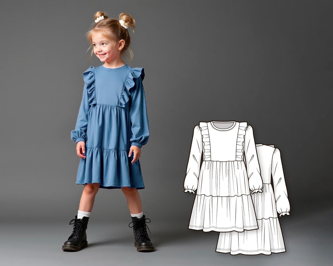 Girls Tiered Ruffle Dress Sewing Pattern PDF, Beginner Kids Dress ...