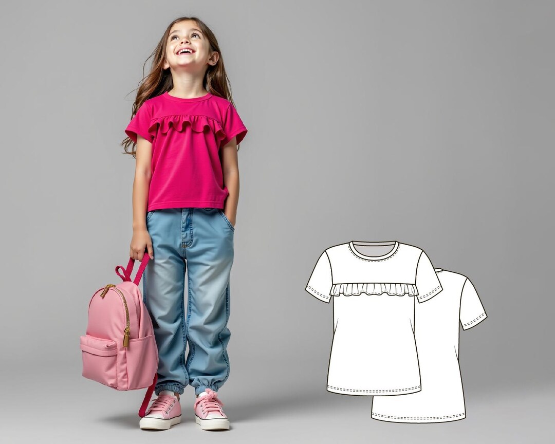 Girls Ruffle T-shirt Sewing Pattern PDF, Beginner Kids T-shirt Pattern ...