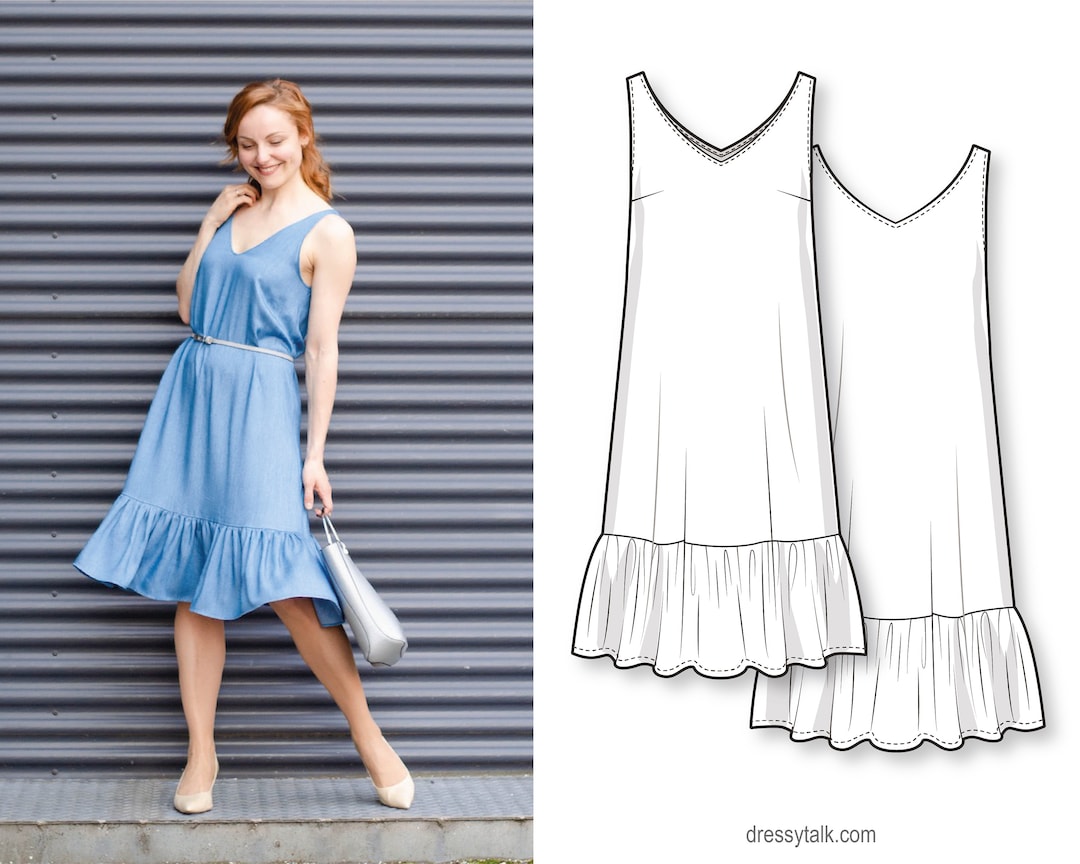 Sleeveless Summer Woven Dress Pattern With Ruffled Hem and V-shape ...