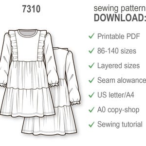 Girls Tiered Ruffle Dress Sewing Pattern PDF, Beginner Kids Dress ...